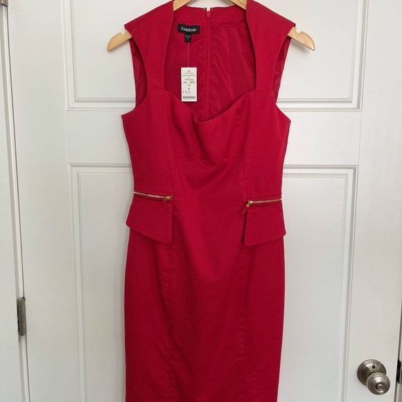 bebe | Dresses | Bebe Red Dress Bodyconjewel Sleeve Gold Zipper Detail ...